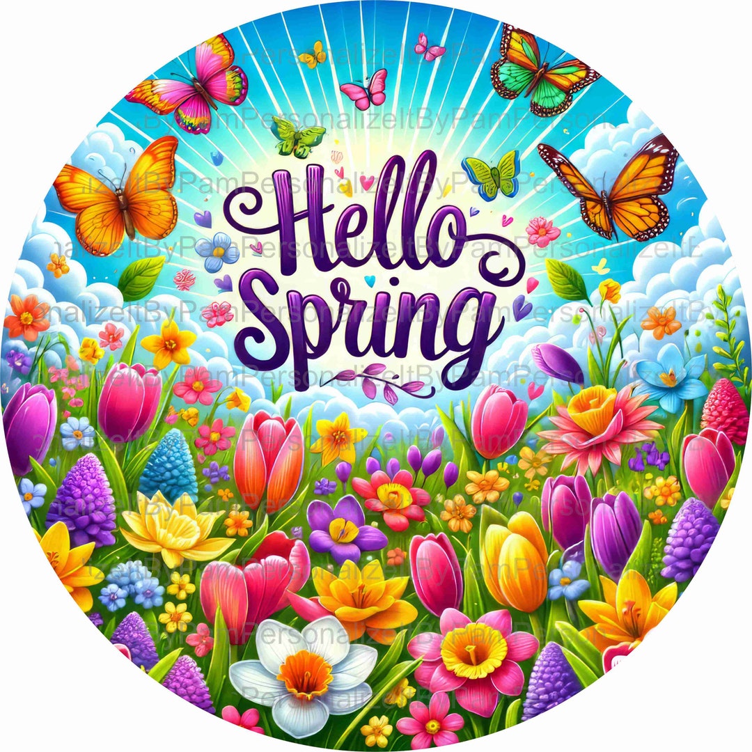 Round Hello Spring Wreath Sign, Spring Wreath Sign, Personalize It by ...
