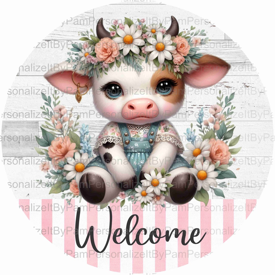 Cute Cow Welcome Wreath Sign, Cow Wreath Sign, Metal Wreath Sign, Round ...