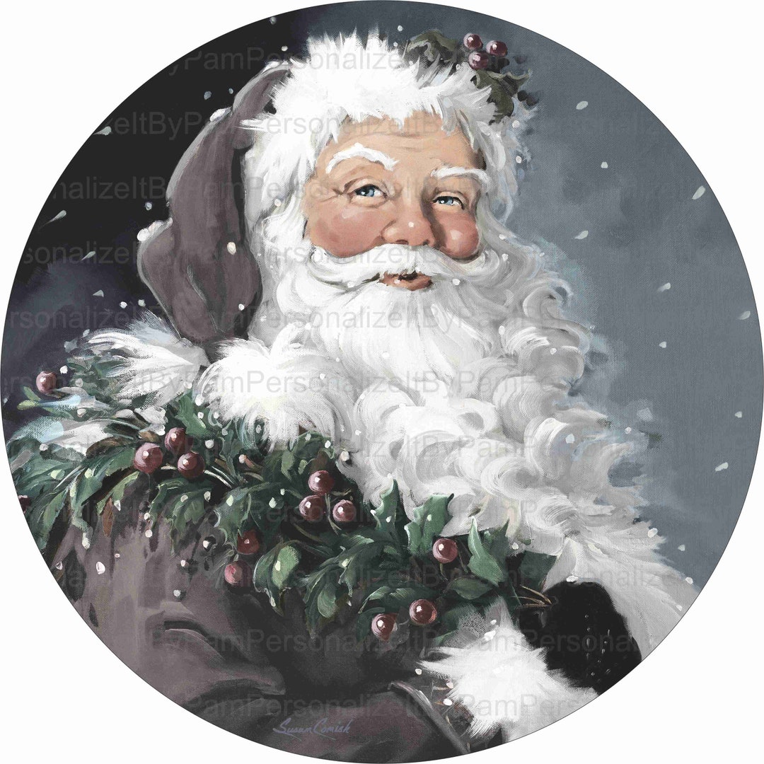Round Santa Wreath Sign, Christmas Wreath Sign, Santa Berries Sign ...