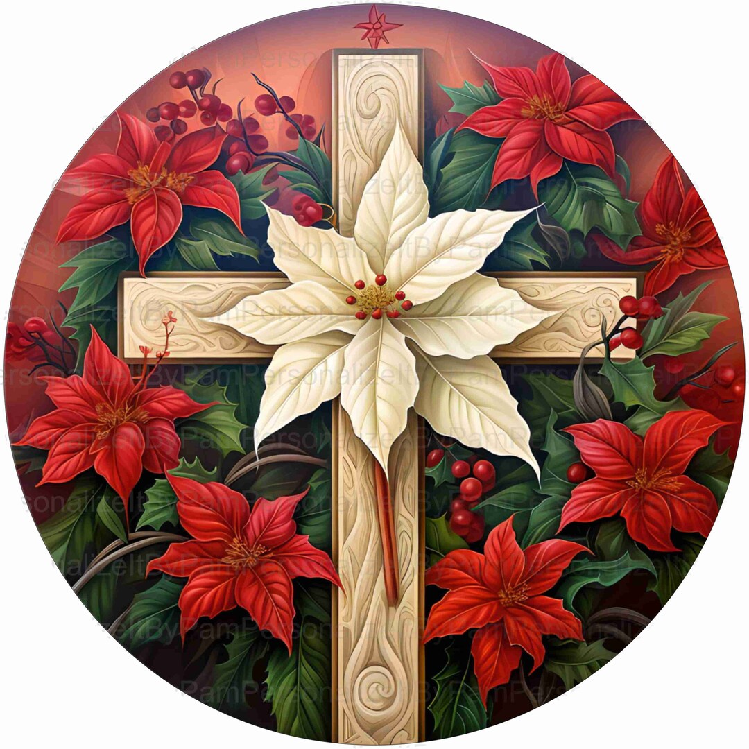 Round Christmas Cross Wreath Sign, Cross Wreath Sign, Personalize It by ...
