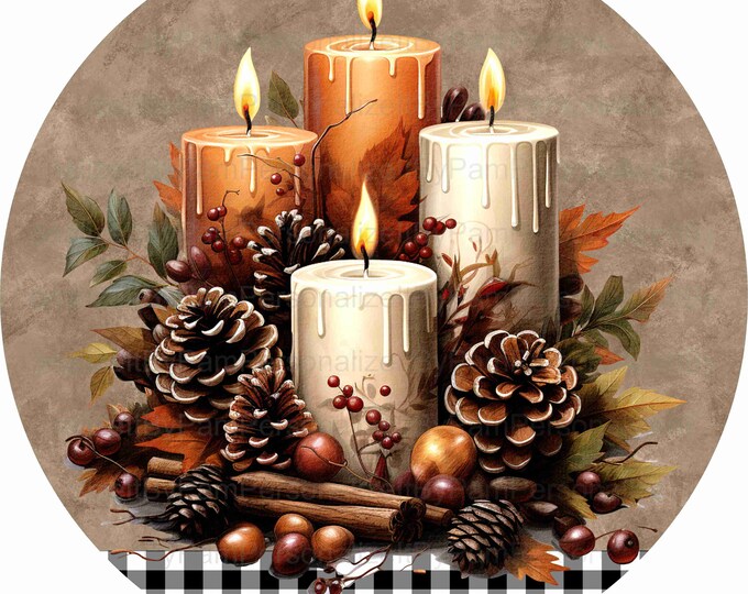 Round Rustic Christmas Candle Wreath Sign, UV Protected Metal Wreath ...