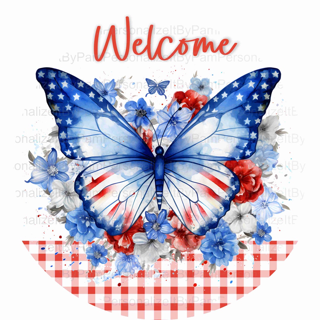 Round Patriotic American Flag and Florals Butterfly Wreath Sign, UV ...