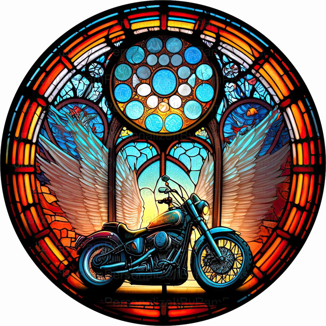 Round Faux Stained Glass Biker Wreath Sign, Metal Wreath Sign ...