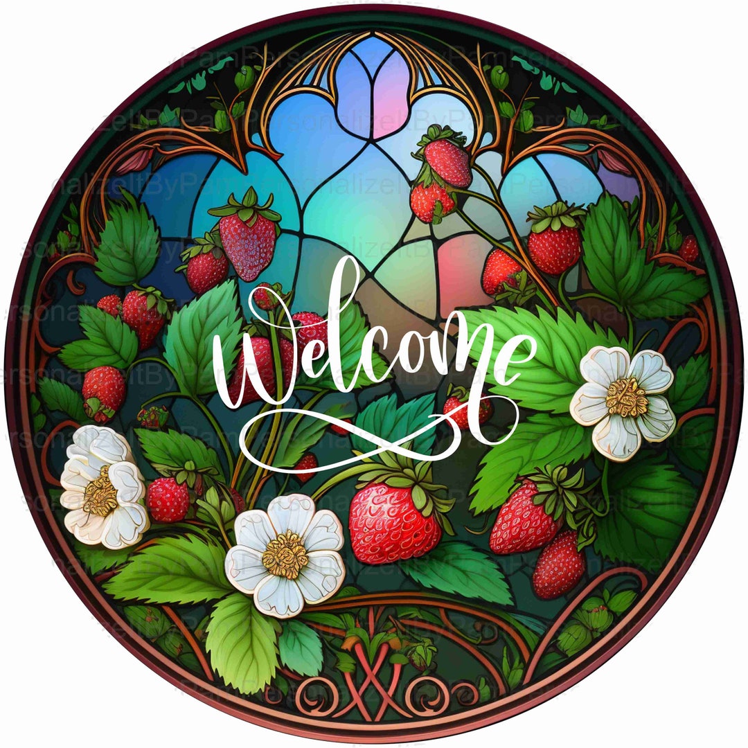 Round Faux Stained Glass Strawberries Wreath Sign, Strawberry Metal ...