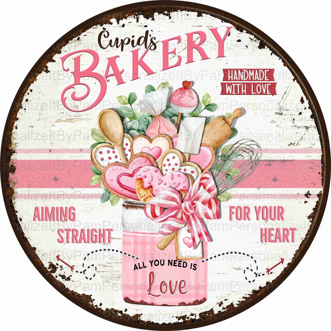 Round Valentine Wreath Sign, Cupid's Bakery Wreath Sign, Personalize It ...