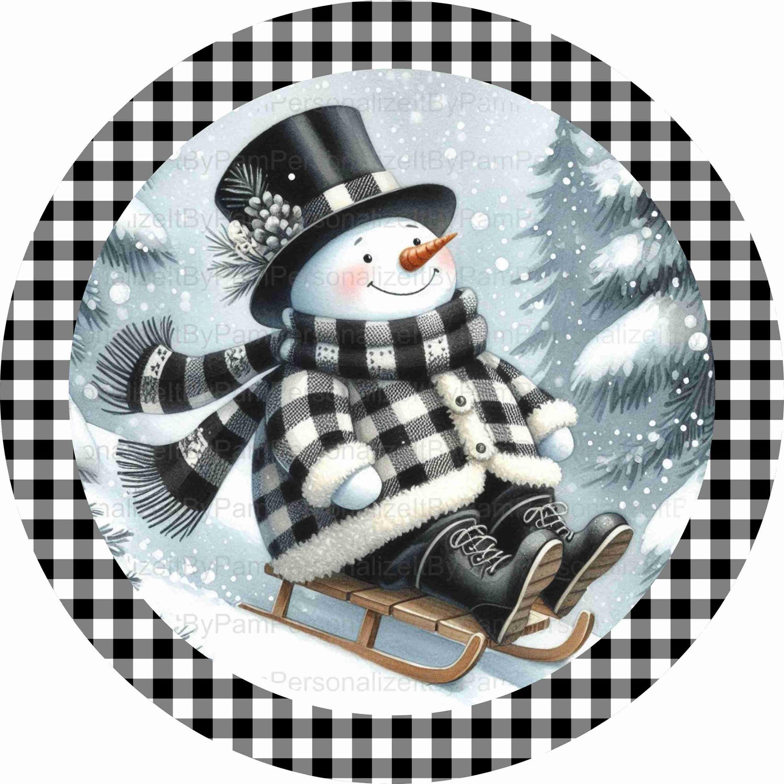 Round Snowman Wreath Sign, Buffalo Plaid Snowman Wreath Sign, UV ...