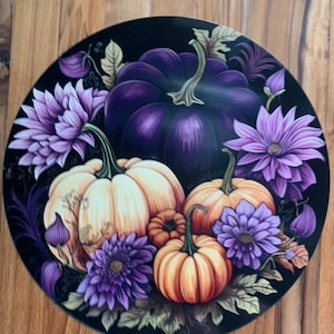 Round Fall Wreath Sign, Fall Wreath Sign, Purple and Orange Pumpkins ...