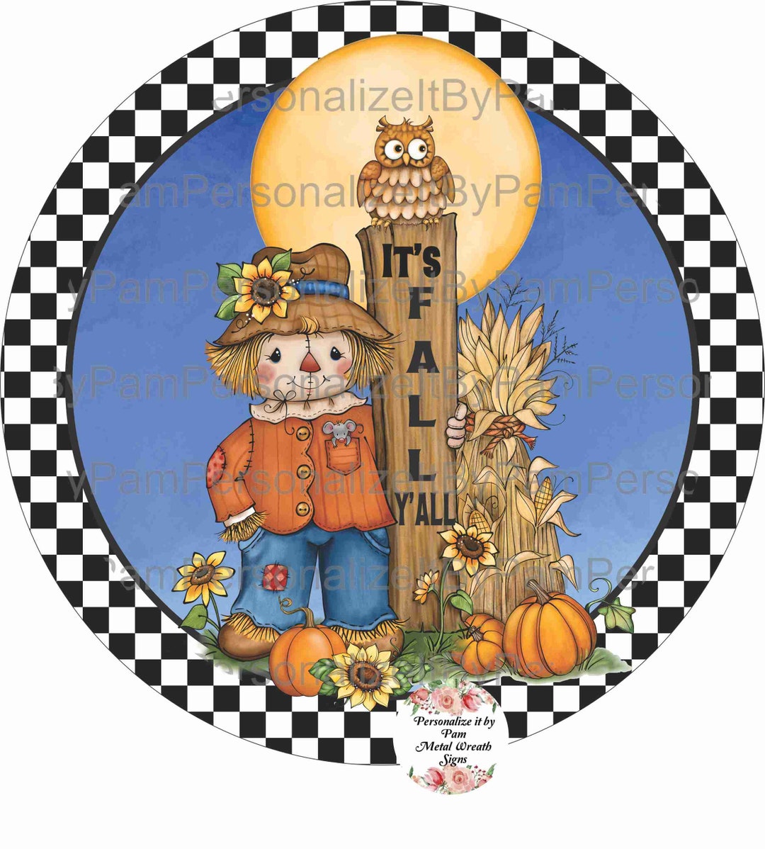 8 Round Fall Scarecrow Wreath Sign, Fall Wreath Sign, Personalize It by ...