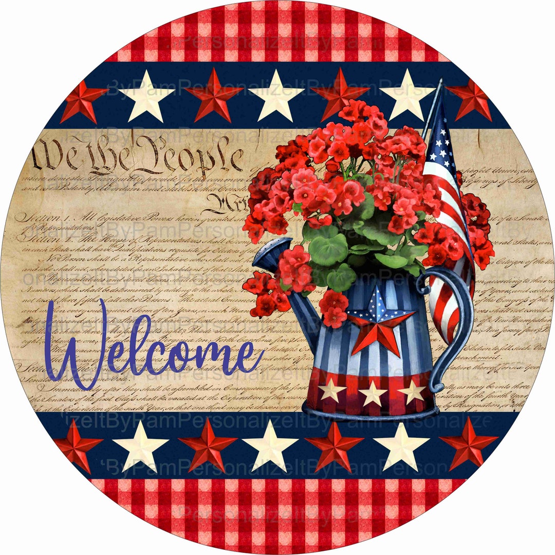 Round Patriotic American Flag and Florals Wreath Sign, UV Metal Wreath ...