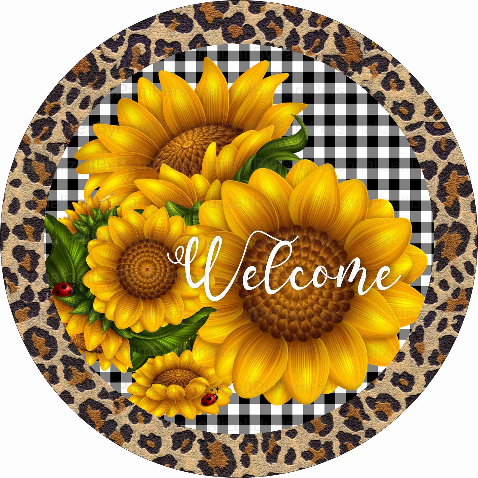 Round Sunflower Wreath Sign, Black Buffalo Plaid Sunflower Wreath Sign ...