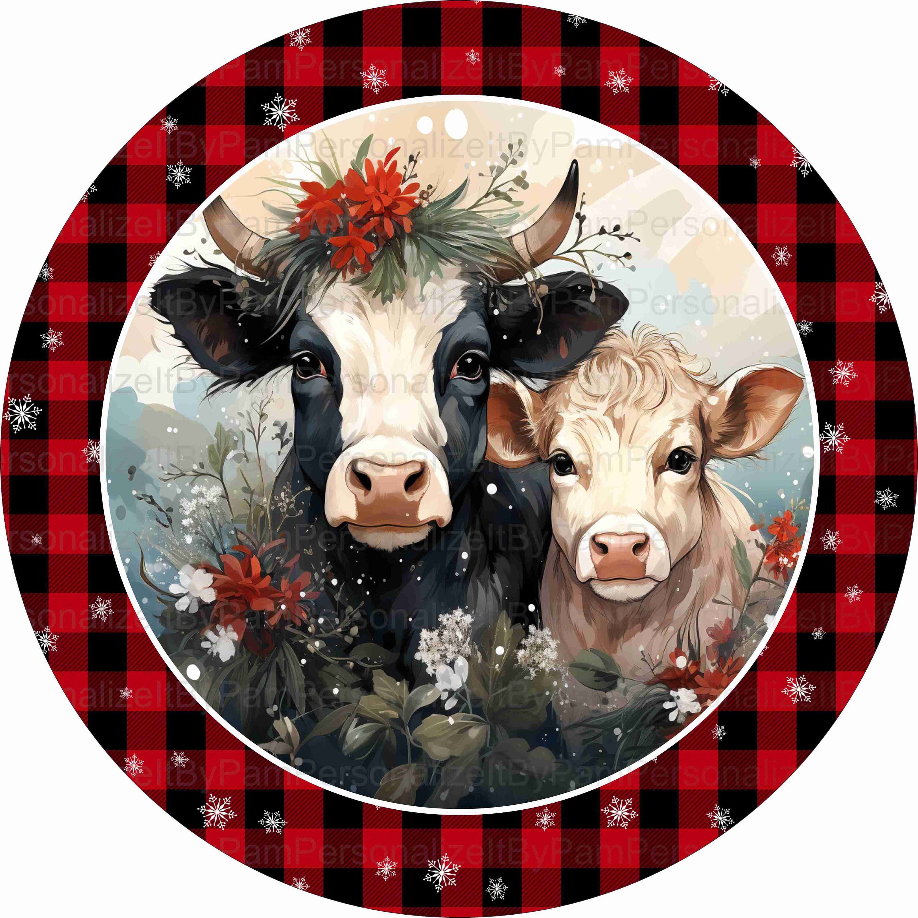 Round Christmas Cows Wreath Sign, UV Protected Metal Wreath Sign ...