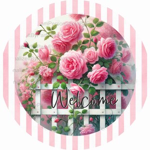 Round Pink Roses Welcome Wreath Sign, UV Metal Wreath Sign, Personalize ...