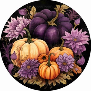 Round Fall Wreath Sign, Fall Wreath Sign, Purple and Orange Pumpkins ...