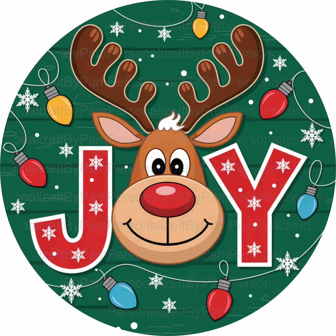 Round Joy Reindeer Christmas Wreath Sign, Personalize It by Pam, Wreath ...