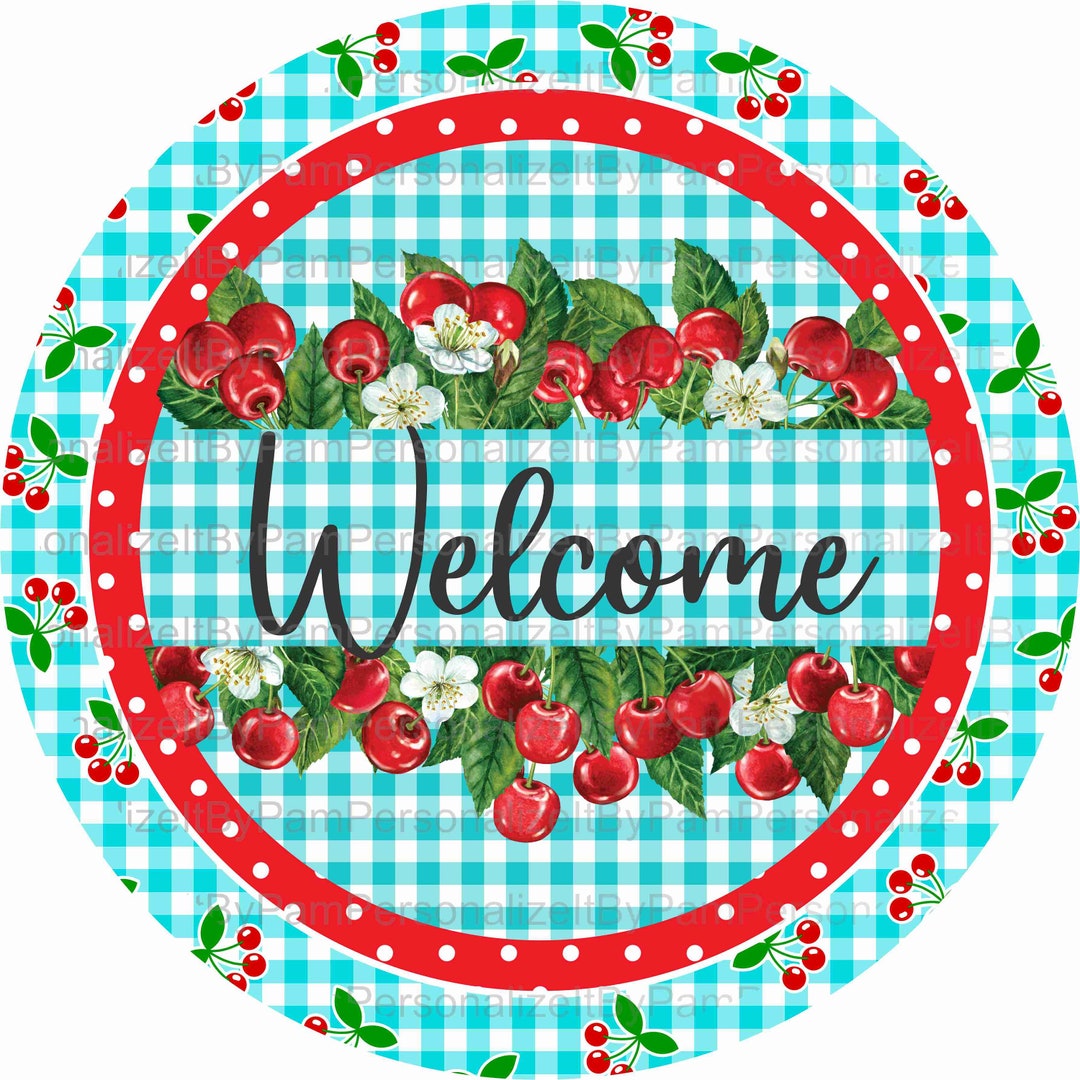 8 Round Summer Wreath Sign,Cherries Wreath Sign, Gingham Welcome Wreath ...