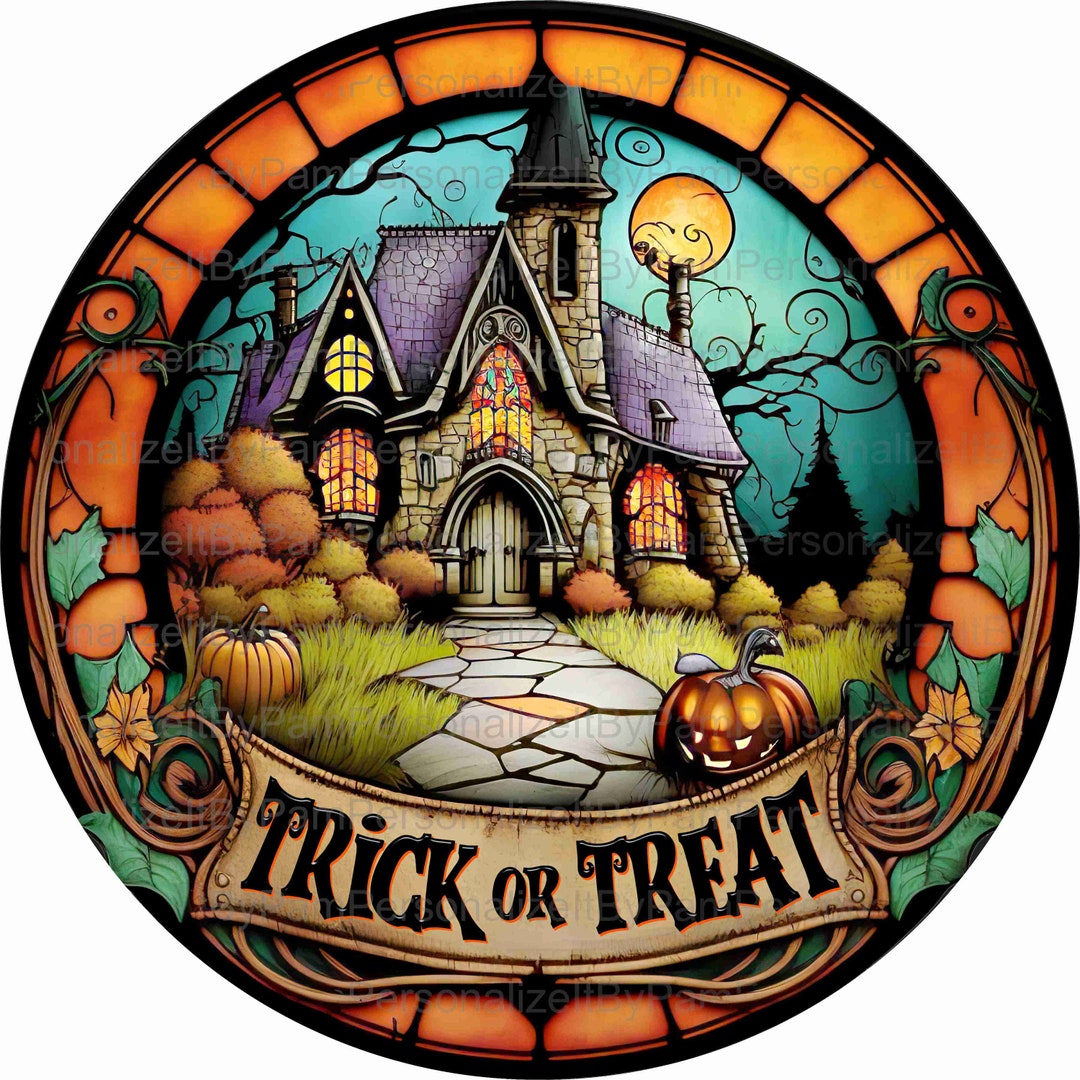 Round Faux Stained Glass Haunted House Wreath Sign, Autumn Wreath Sign ...