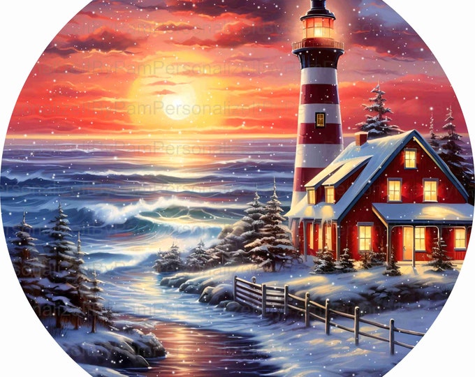 Round Winter Lighthouse Wreath Sign, Beach Metal Wreath Sign ...
