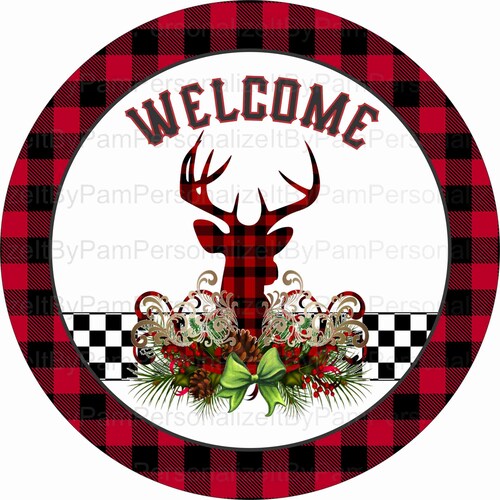 8 Round Buffalo Plaid Deer Wreath Sign Wreath Signs - Etsy