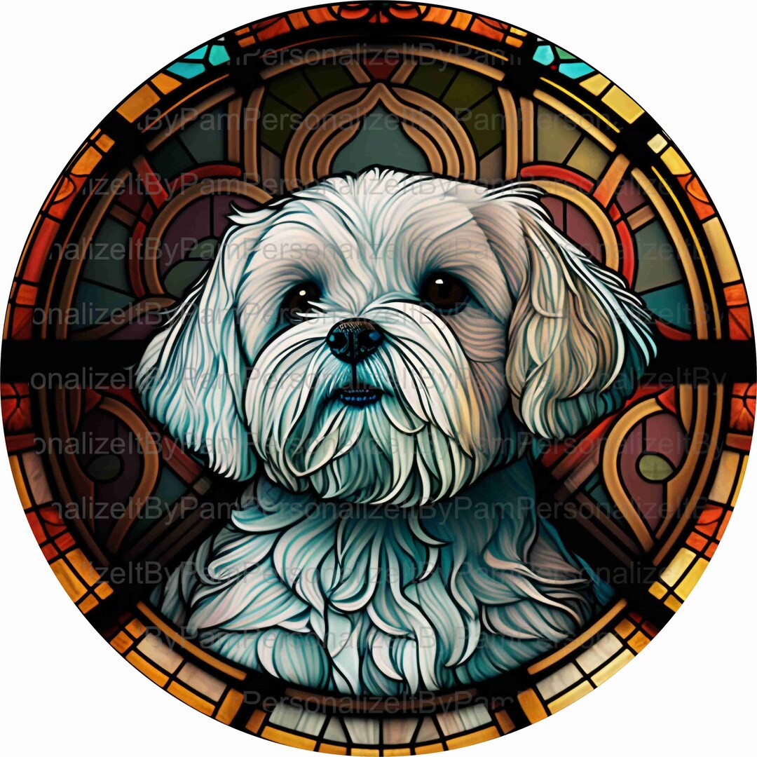 Faux Stained Maltese Wreath Sign, Metal Wreath Sign, Dog Wreath Sign ...