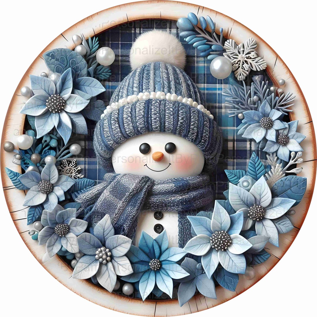 Round Blue Snowman Wreath Sign, UV Wreath Sign, Blue Snowman Sign ...