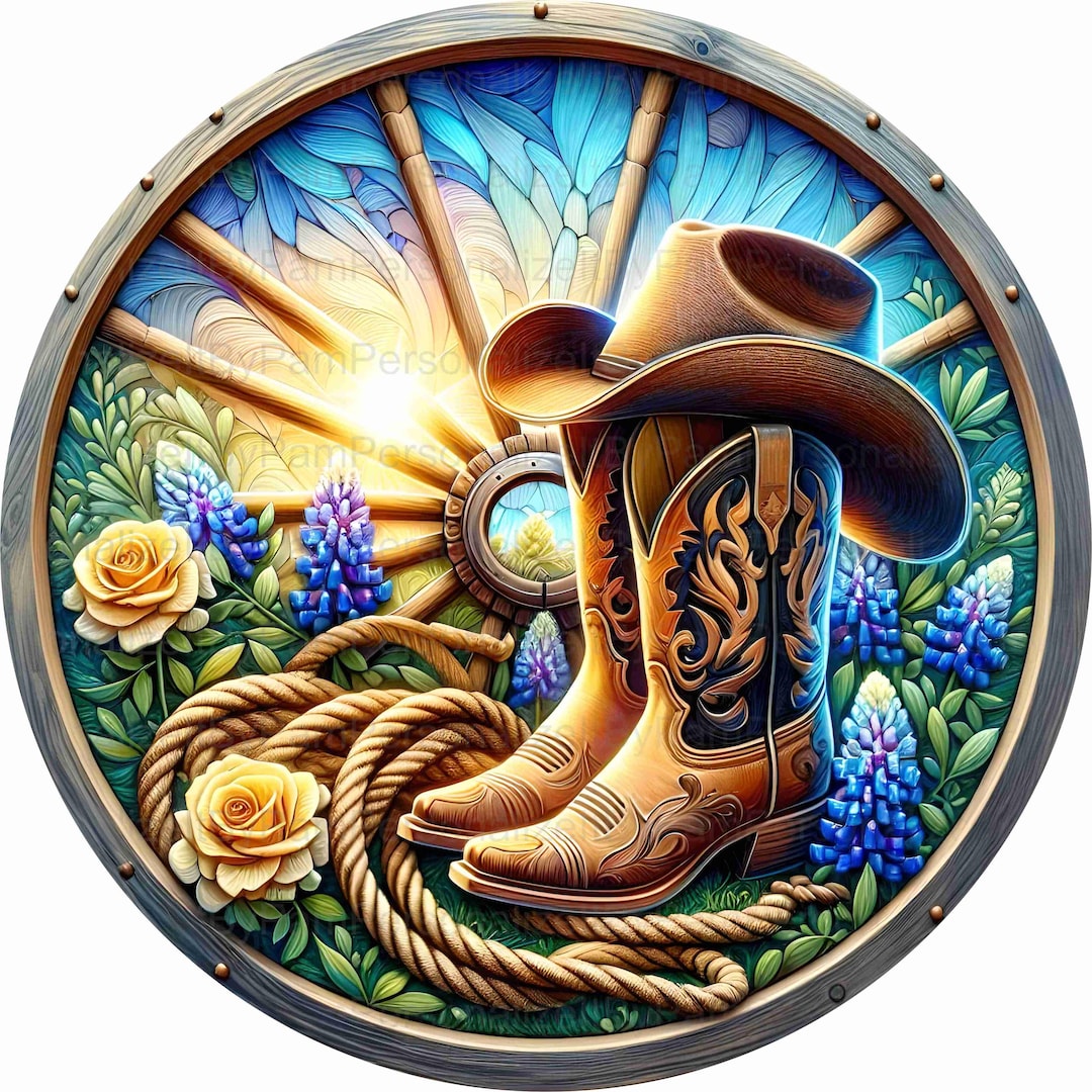 Round Wagon Wheel & Cowboy Boots Wreath Sign, Bluebonnets, UV Protected ...