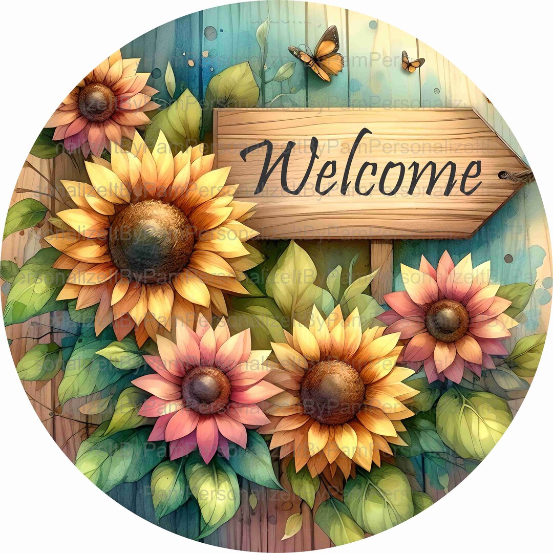 Round Sunflower Welcome Wreath Sign, Metal Wreath Sign, Personalize It ...