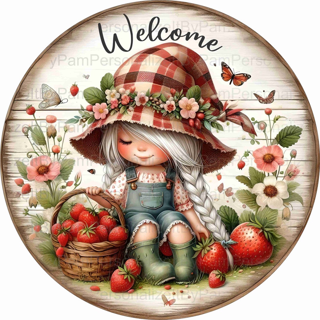Round Strawberry Welcome Wreath Sign, Signs for Wreaths, Personalize It ...
