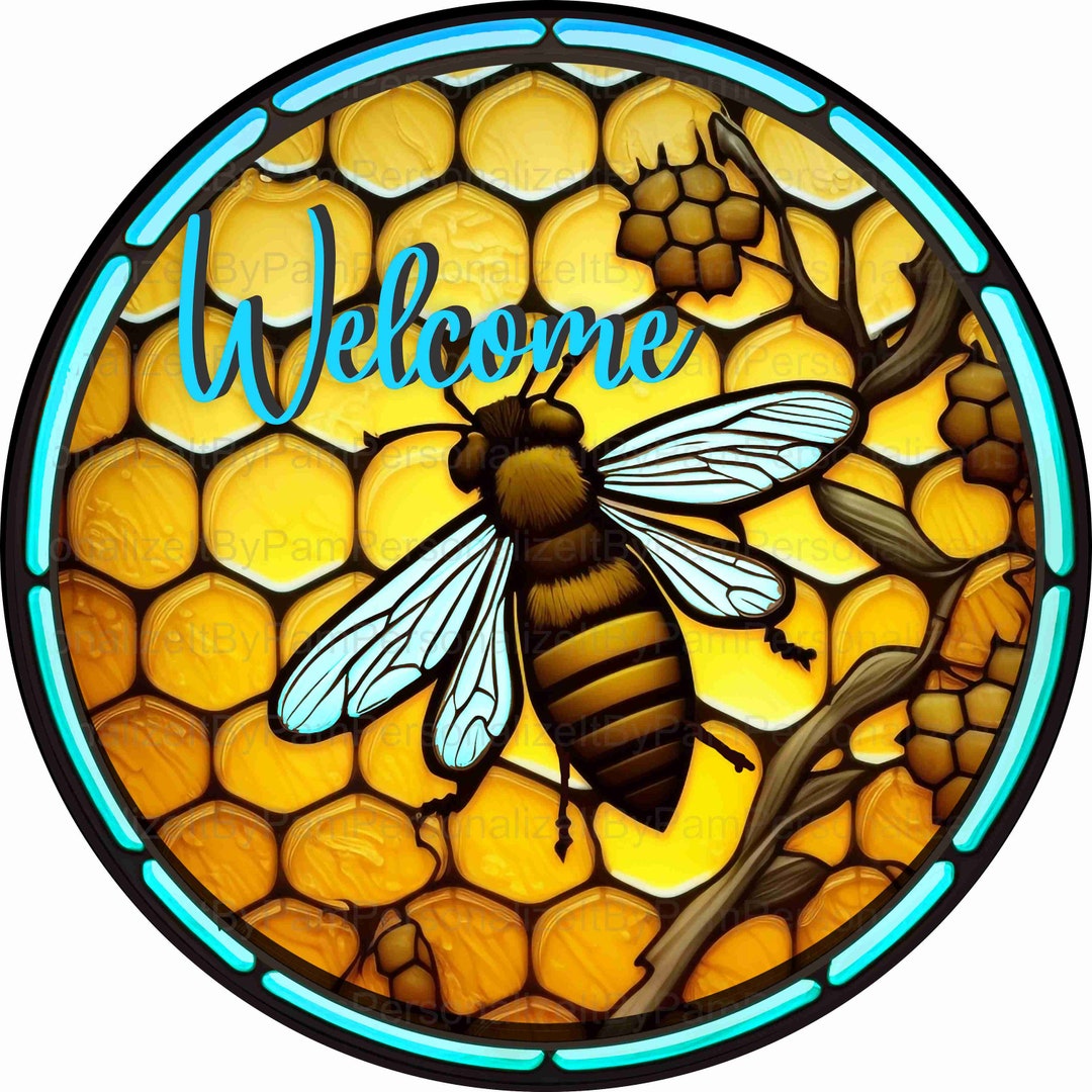 Round Faux Stained Glass Bee Welcome Wreath Sign, Floral Wreath Sign ...