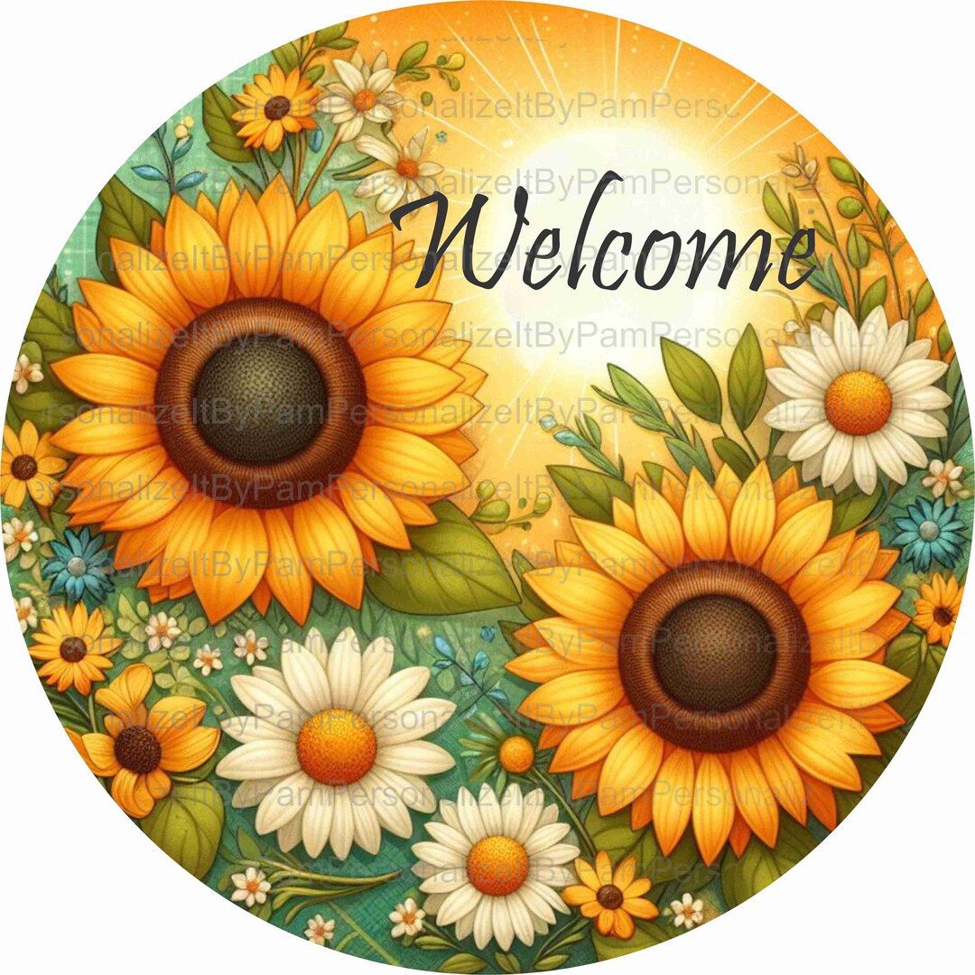 Round Sunflower Welcome Wreath Sign, Metal Wreath Sign, Personalize It ...
