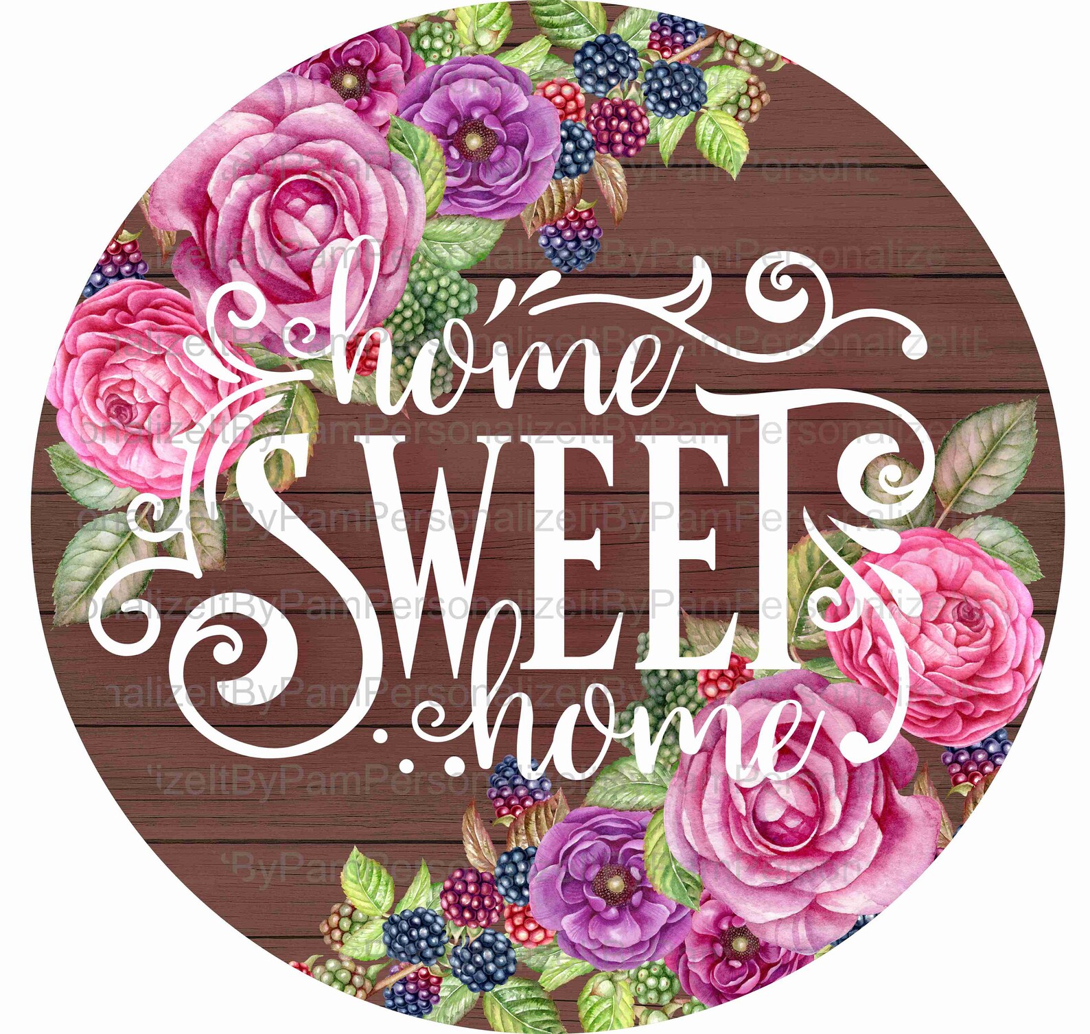 8" Round Home Sign, Home Sweet Home Wreath Sign, Floral and Berries ...