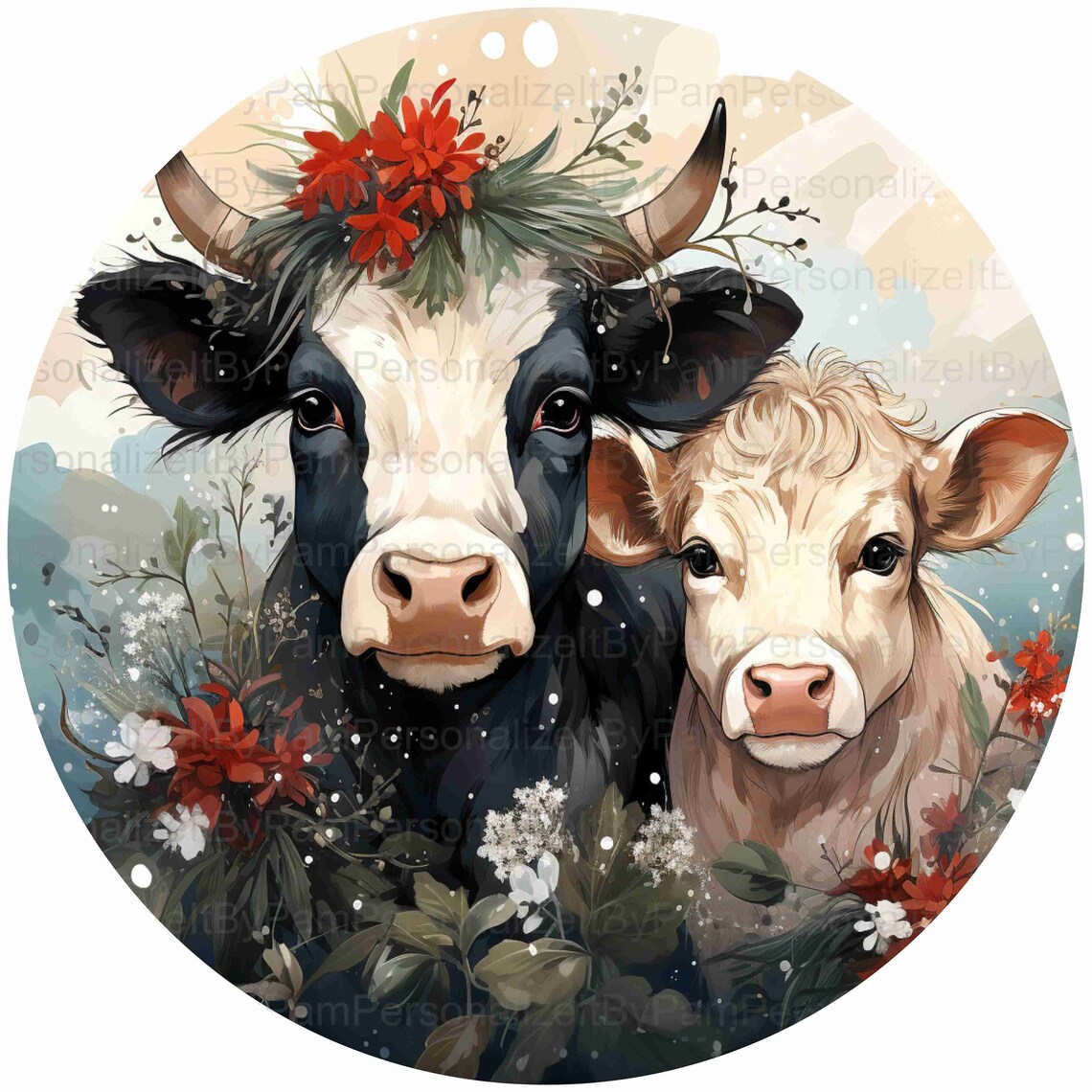 Round Christmas Cows Wreath Sign, UV Protected Metal Wreath Sign ...