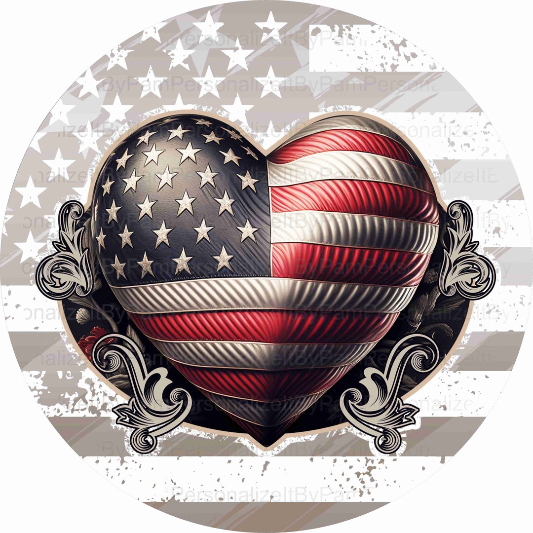 Round Vintage Patriotic Heart Flag Wreath Sign Personalize It by Pam ...