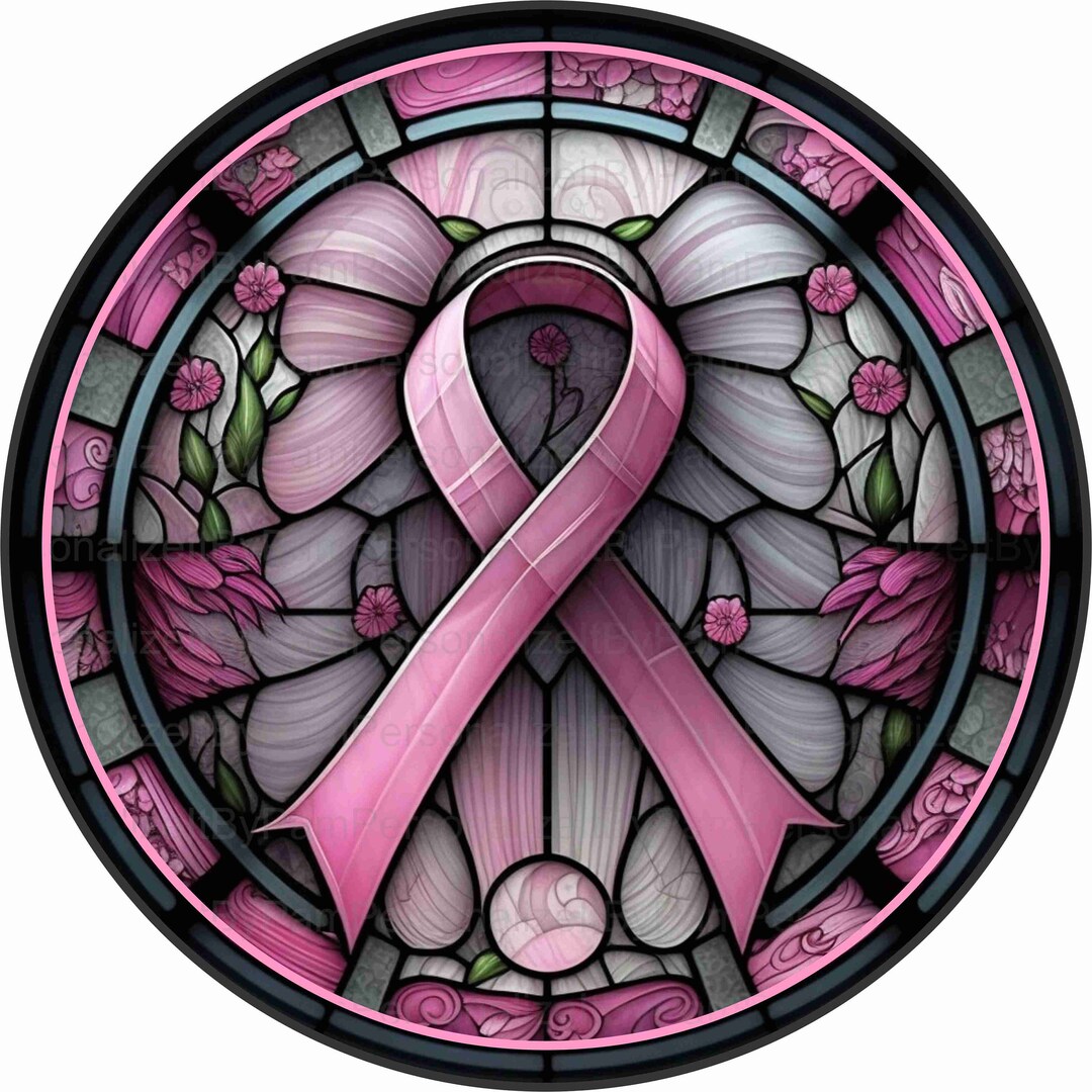 Round Faux Stained Glass Breast Cancer Awareness Wreath Sign, Metal ...