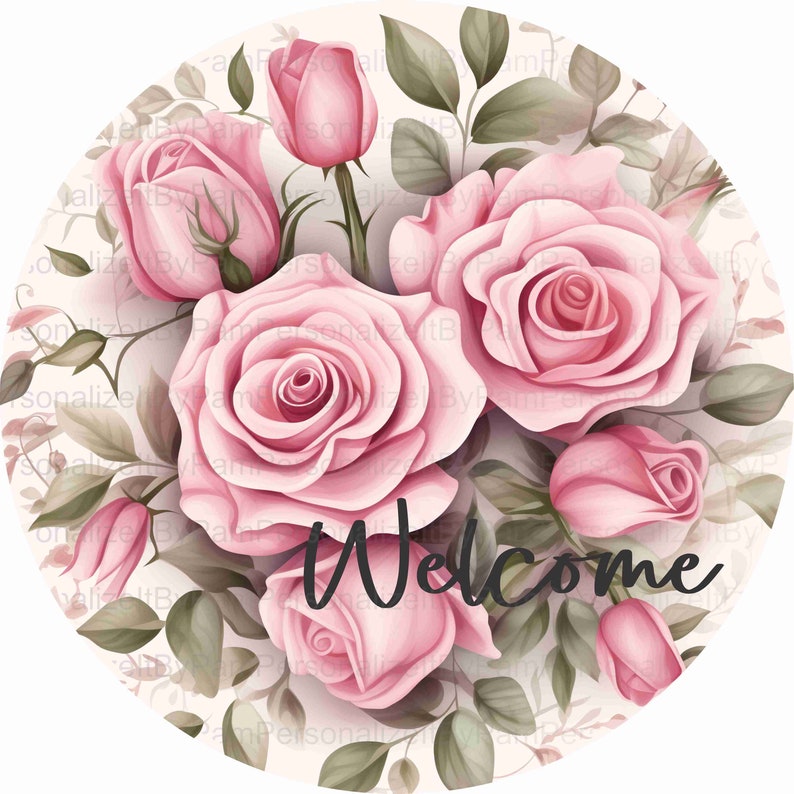 Round Pink Roses Welcome Wreath Sign, Floral Wreath Sign, Personalize ...