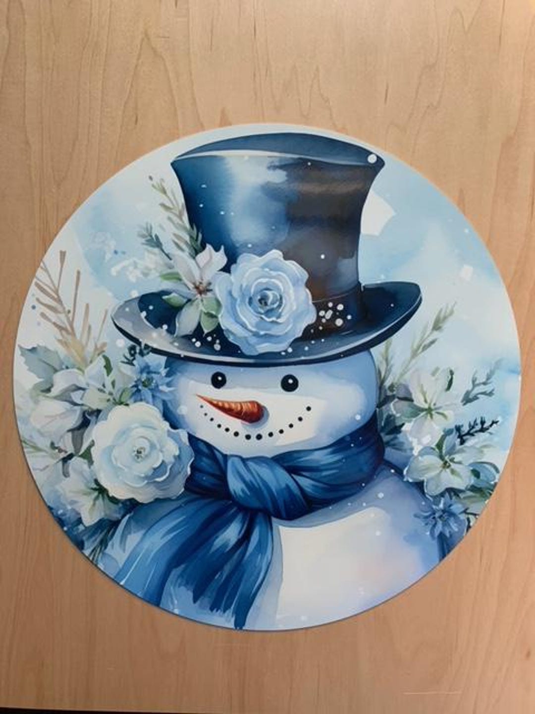 Round Pastel Blue Snowman Wreath Sign, UV Protected Metal Wreath Sign ...