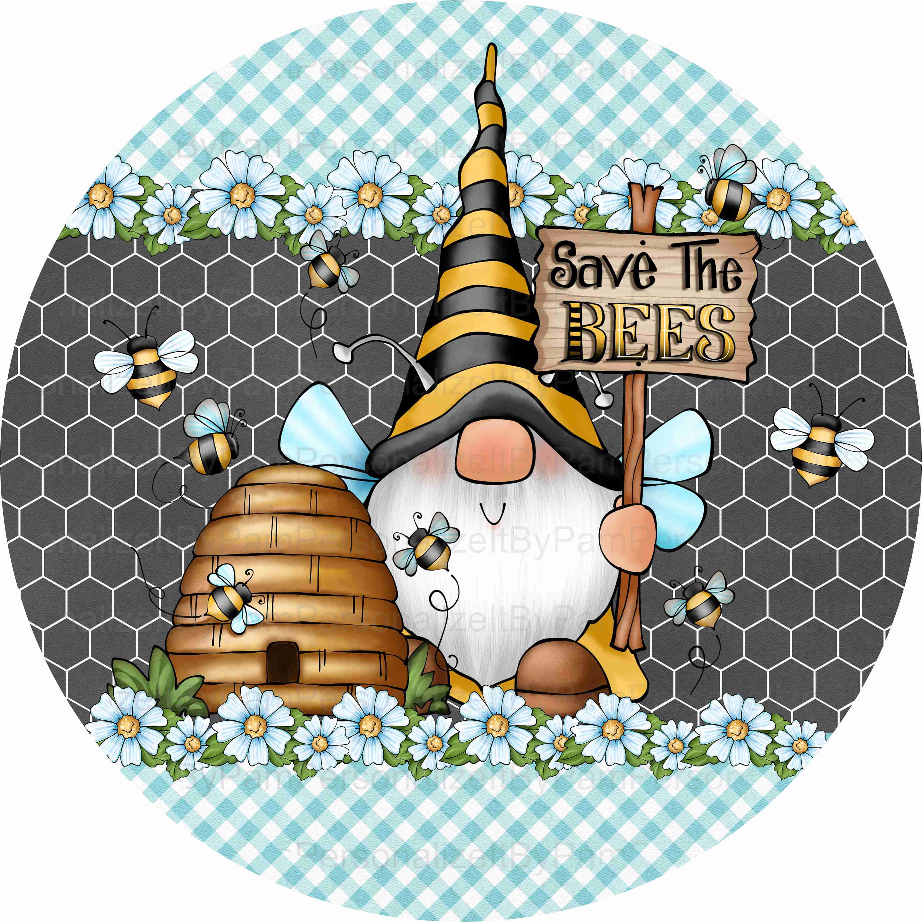 Round Save the Bees Wreath Sign, Summer Bee Wreath Sign, Gnome Bee ...