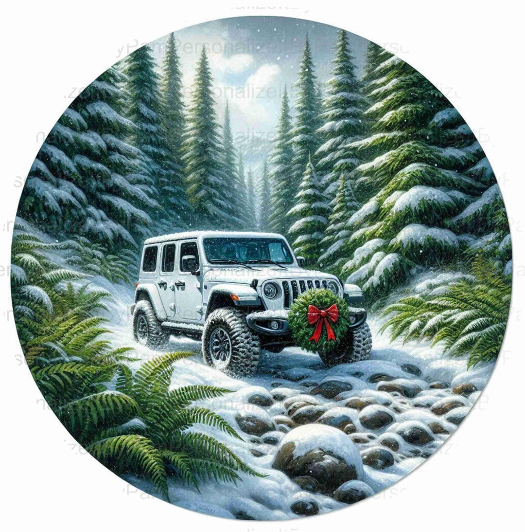 Round Christmas Winter Jeep Sign, Metal Wreath Sign, Personalize It by ...