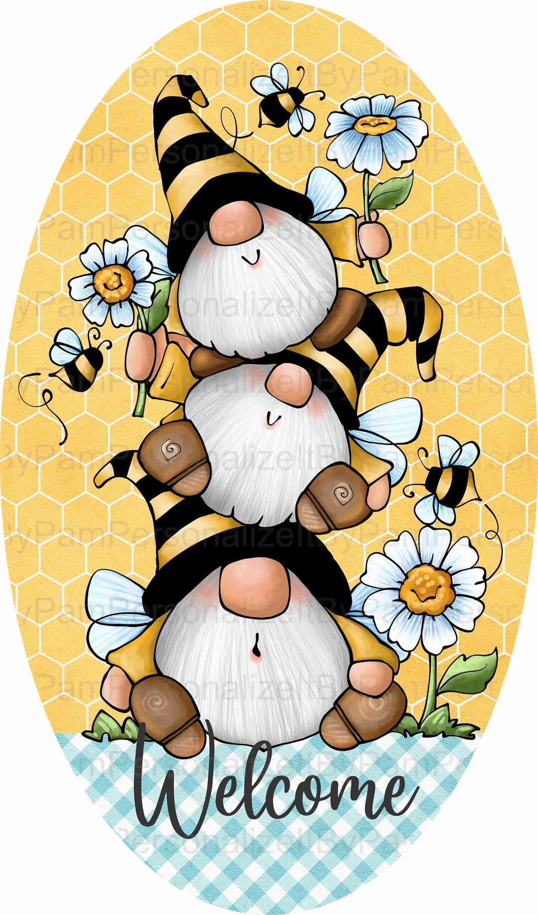 7"x12" Oval Bee Gnomes Welcome Wreath Sign, Bee Gnomes, UV Metal Wreath ...