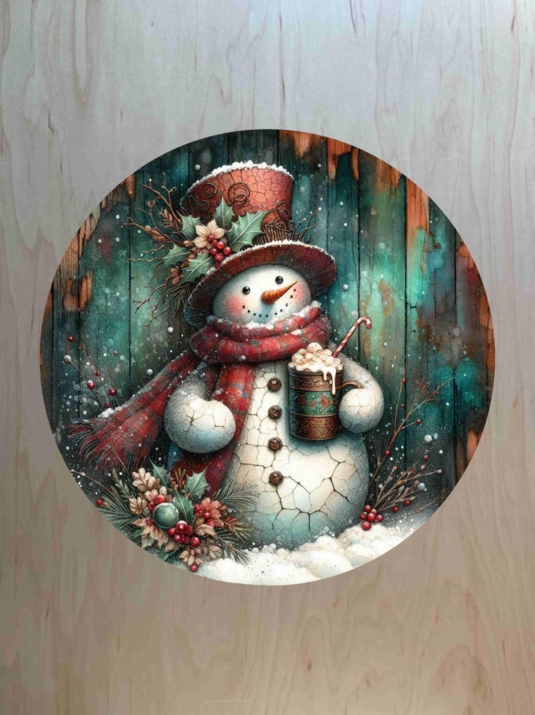 Round Rustic Snowman Wreath Sign, UV Wreath Sign, Rustic Snowman Sign ...