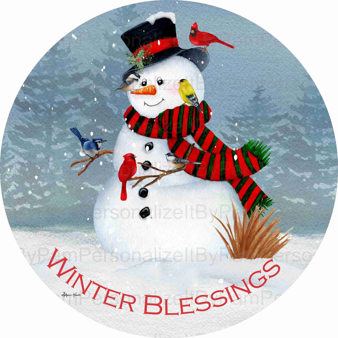Round Winter Blessings Snowman Wreath Sign, Wreath Signs, Personalize ...