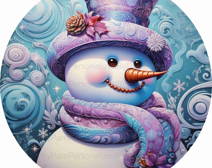 Round Purple/teal Whimsical Snowman Wreath Sign, UV Protected Metal ...