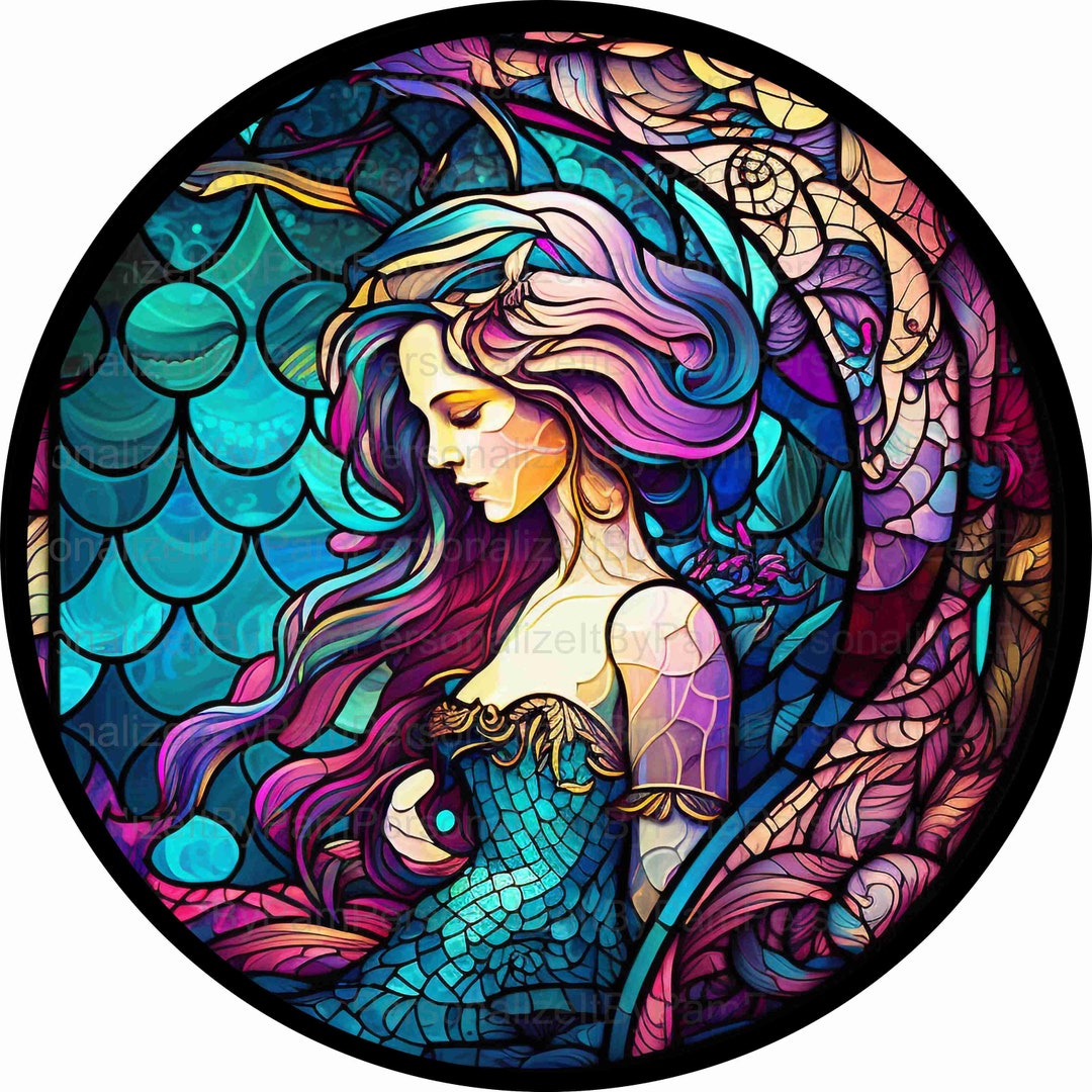 Round Faux Stained Glass Mermaid Wreath Sign, Beach Metal Wreath Sign ...