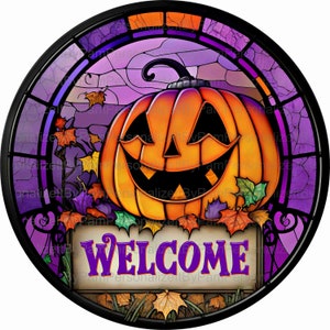 Round Faux Stained Glass Welcome Jack-o-lantern Wreath Sign, Autumn ...
