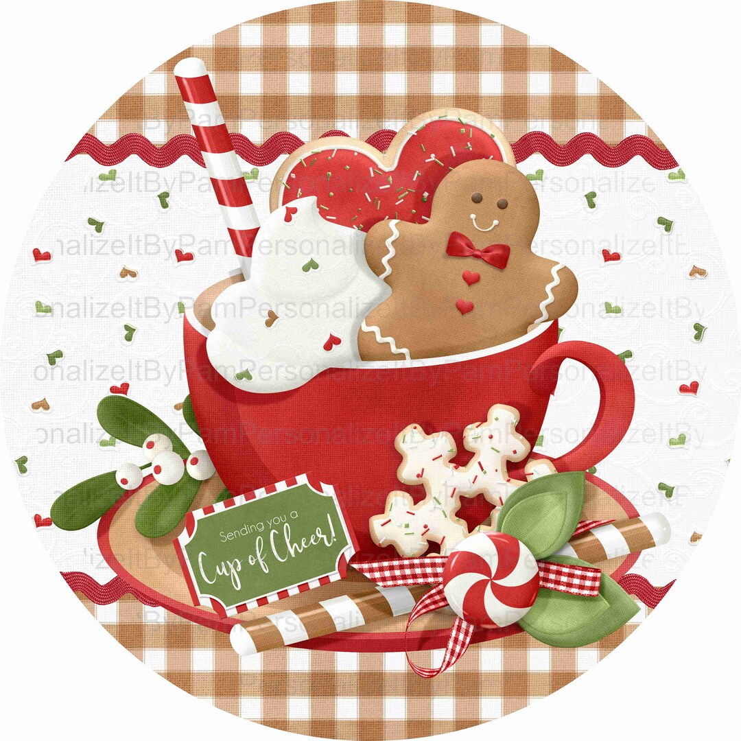Round Christmas Cup of Cheer Gingerbread Wreath Sign, Personalize It by ...