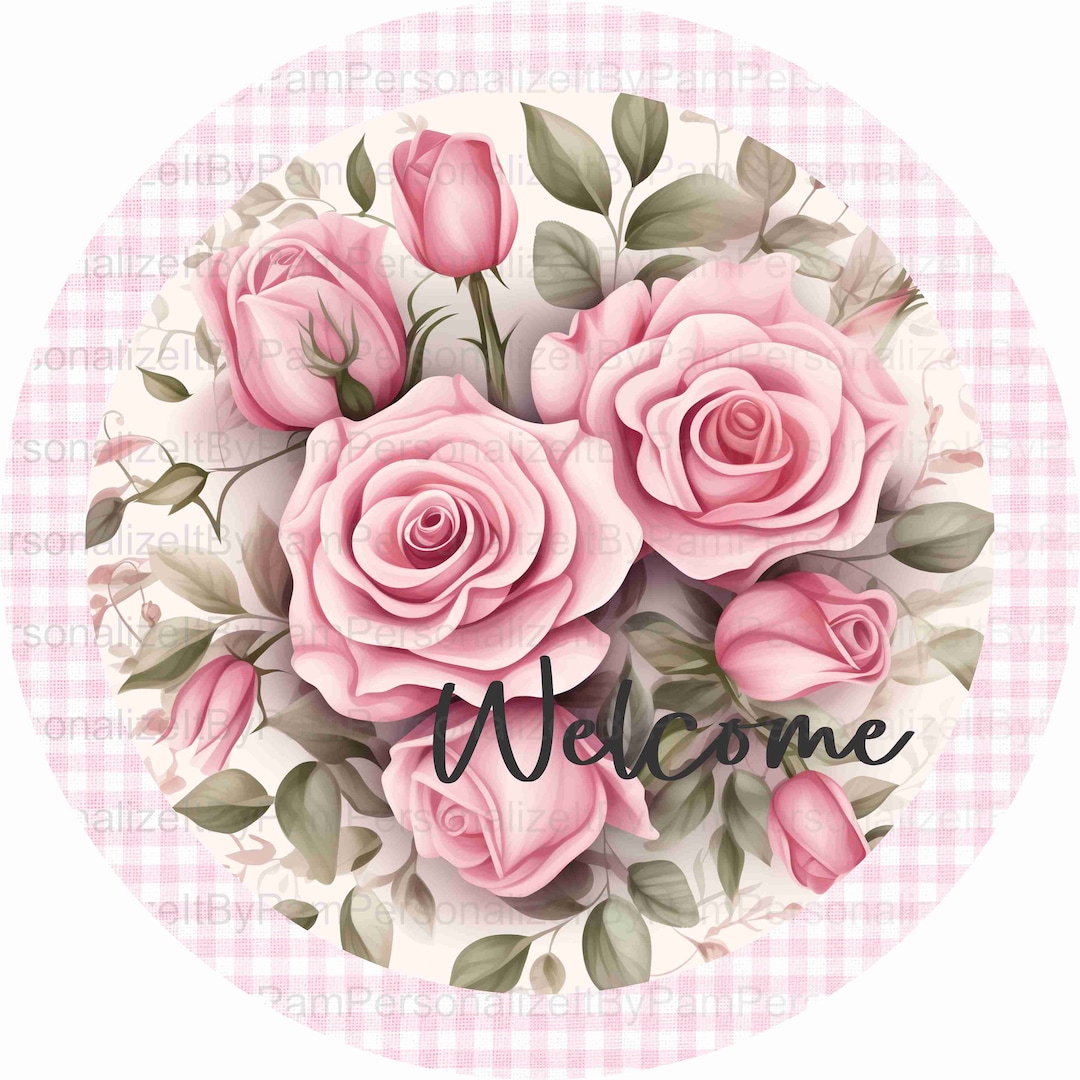 Round Pink Roses Welcome Wreath Sign, Floral Wreath Sign, Personalize ...