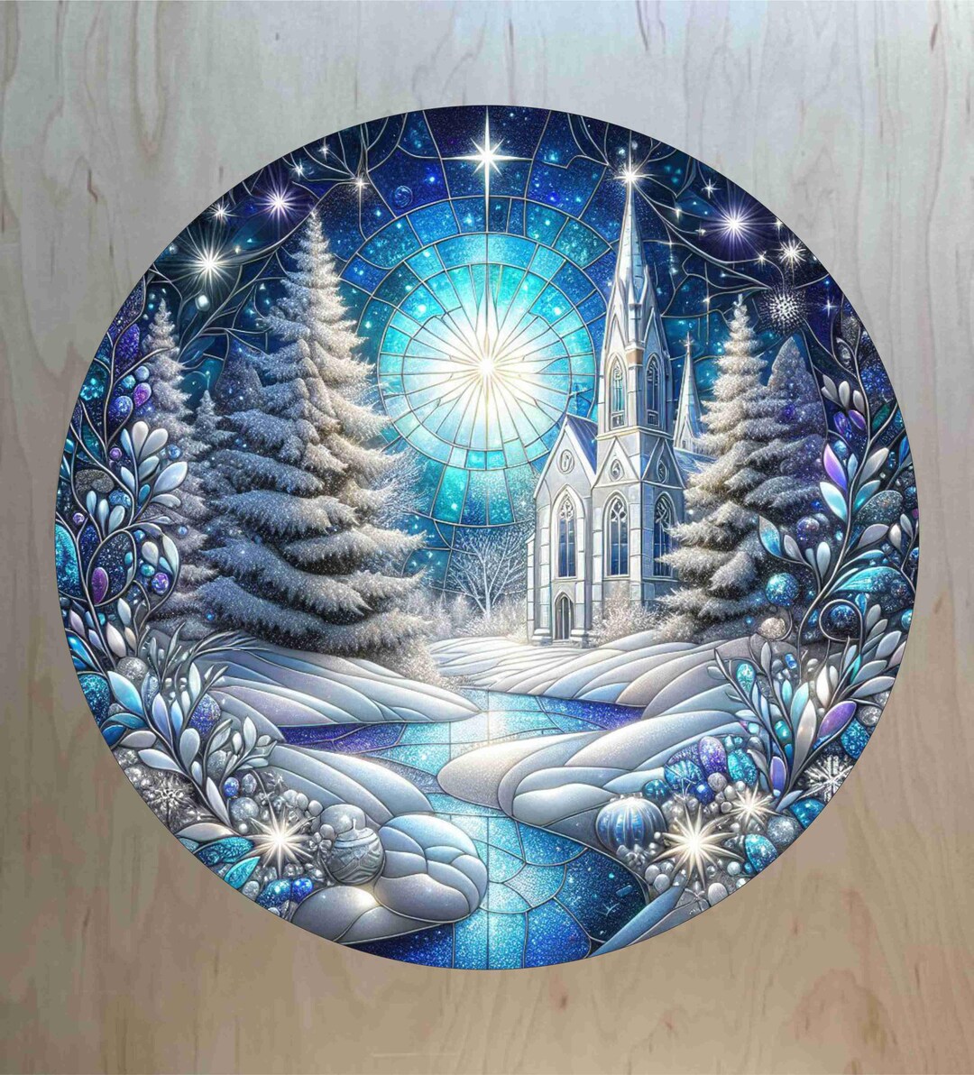 Round Blue Christmas Church Wreath Sign, UV Protected Metal Wreath Sign ...