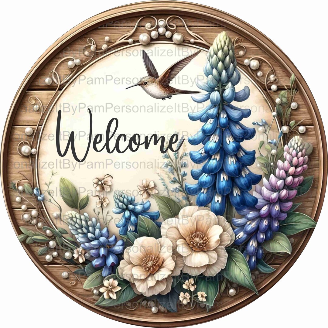 Round Blue Bonnets Wreath Sign, UV Metal Wreath Sign, Personalize It by ...