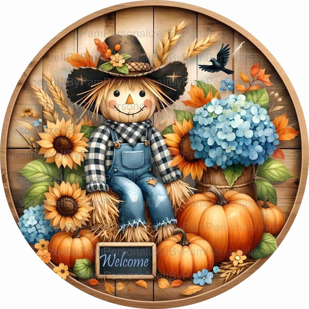 Round Fall Scarecrow Wreath Sign, Fall Wreath Sign, Fall Florals ...