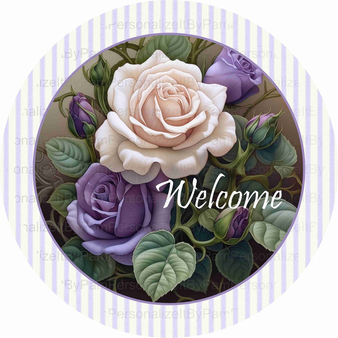 Round Purple and White Roses Welcome Wreath Sign, Floral Wreath Sign ...