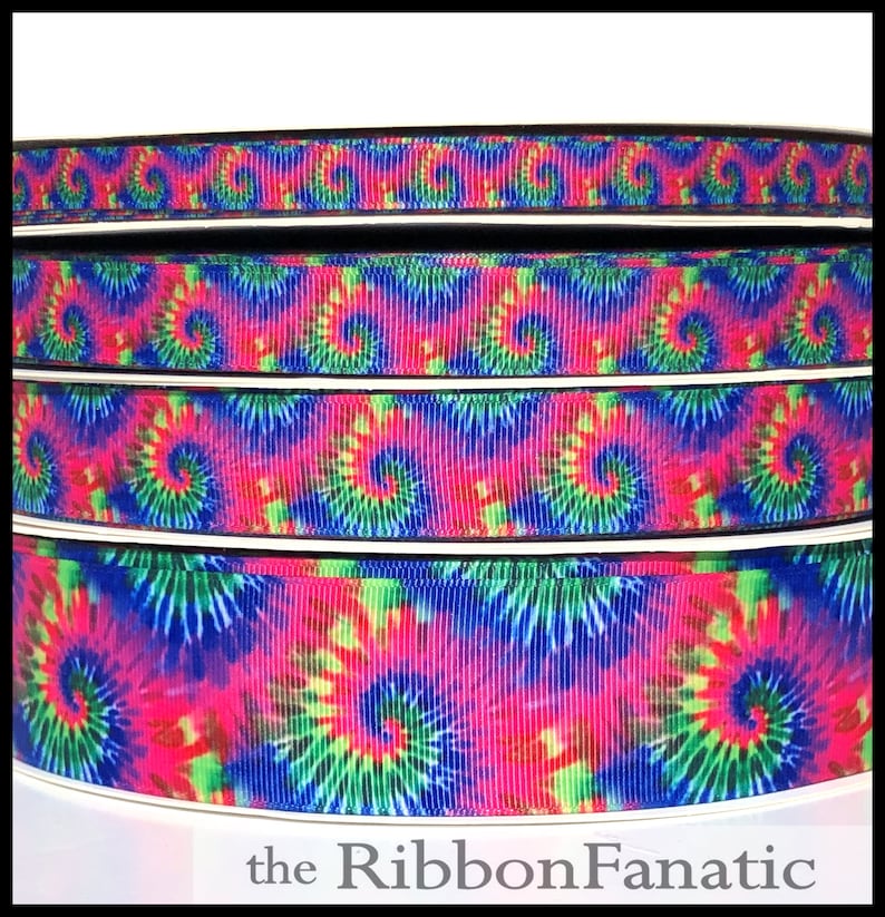 5 Yds 3/8" or 5/8" or 7/8" or 1.5" Tie Dye Hippie Retro Blue Green ...